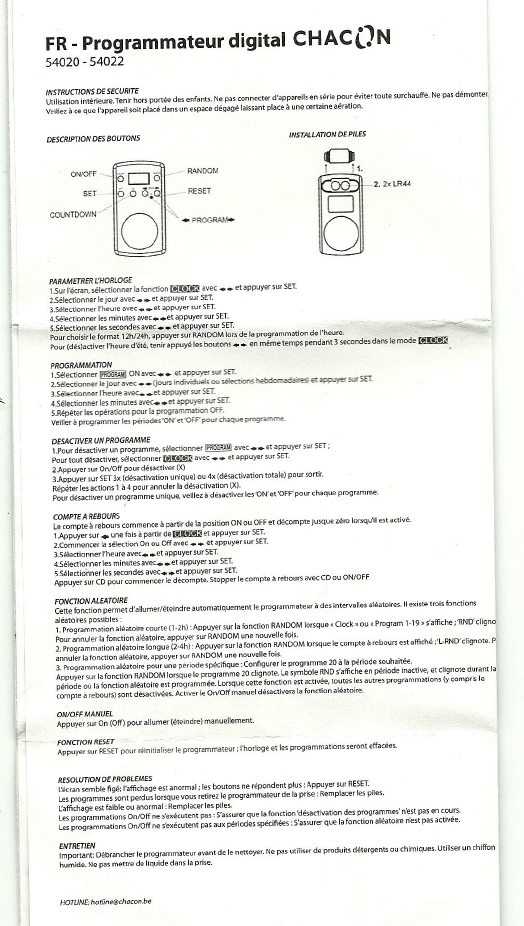 Mode d’emploi Chacon 54020 Interrupteur minuteur